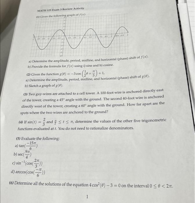 MATH 125 Exam 3 Review Activity m Given the following | Chegg.com