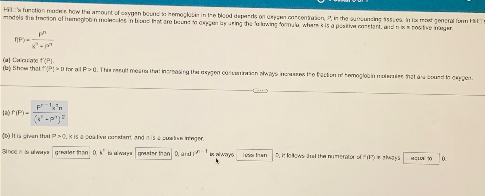 Solved Hill 's function models how the amount of oxygen | Chegg.com
