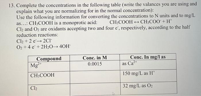 Solved 13. Complete the concentrations in the following | Chegg.com
