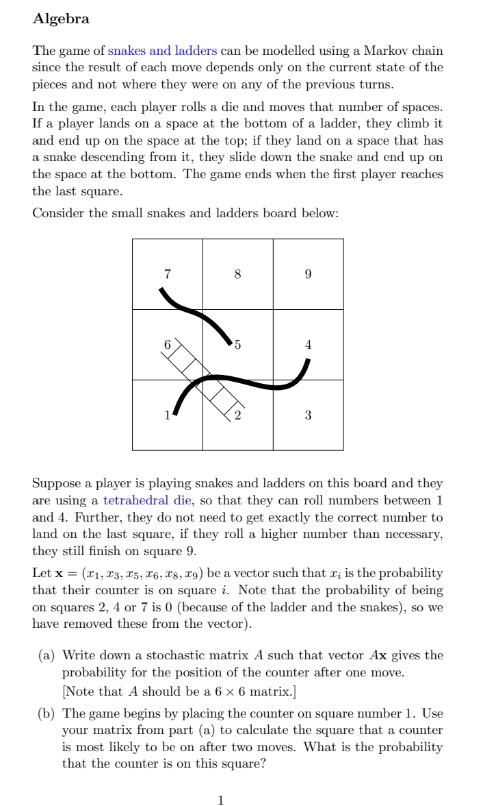 Solved AlgebraThe game of snakes and ladders can be modelled | Chegg.com