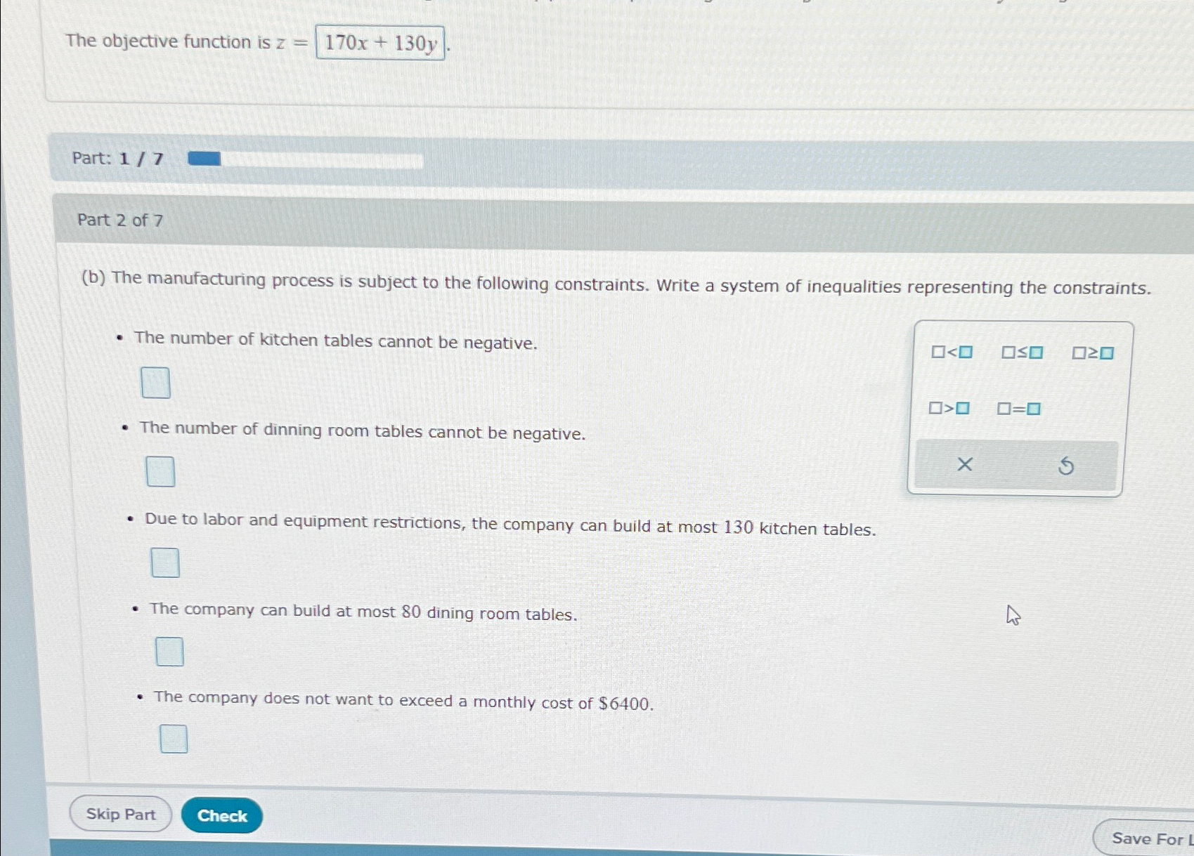 Solved The objective function is z=170x+130y.Part: 17Part 2 | Chegg.com