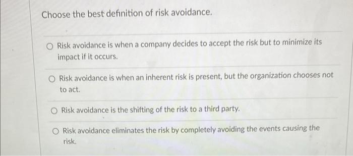 Solved Choose the best definition of risk avoidance. Risk | Chegg.com