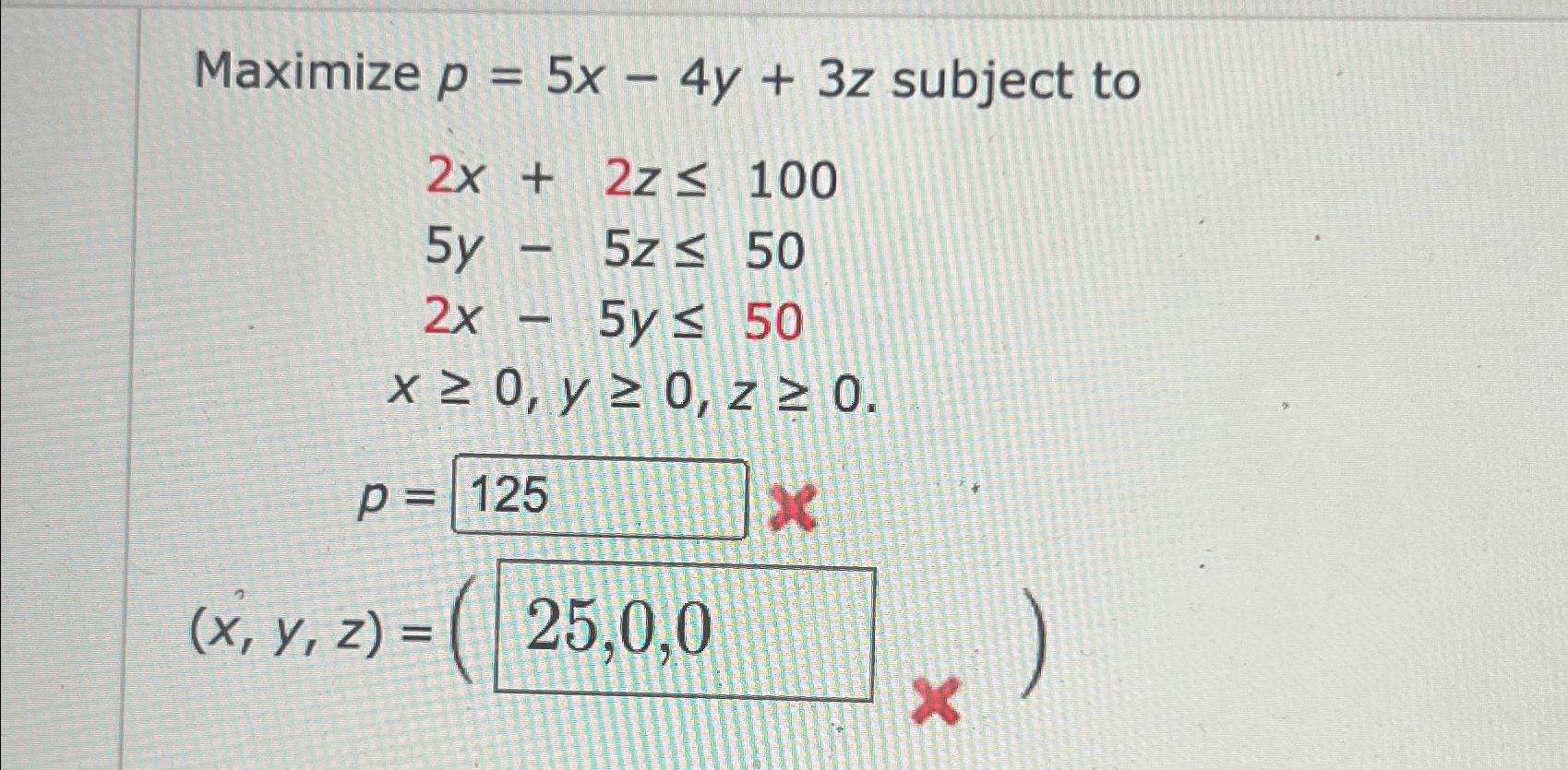 Solved Maximize p=5x-4y+3z ﻿subject to | Chegg.com