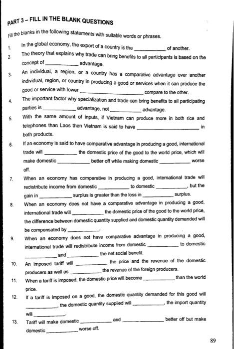 Solved PART 3-FILL IN THE BLANK QUESTIONS Fill the blanks in | Chegg.com