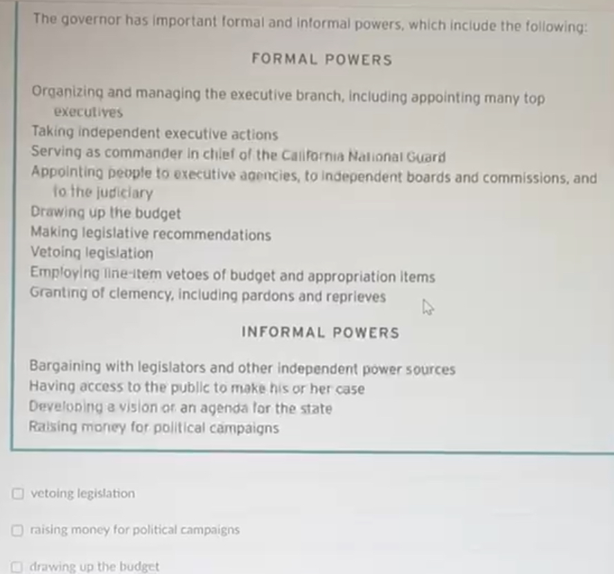 Solved The governor has important formal and informal | Chegg.com