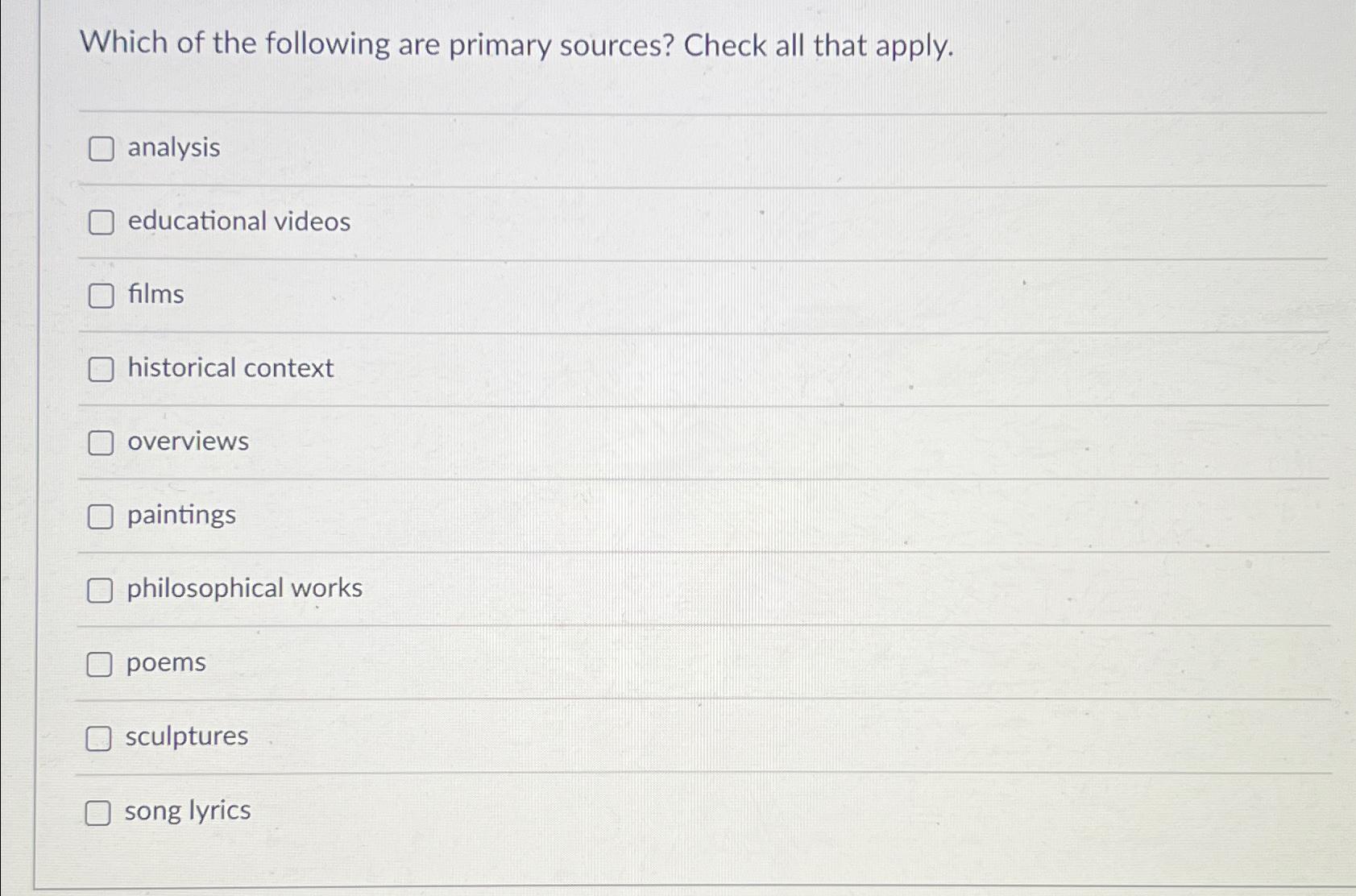 Solved Which of the following are primary sources? Check all | Chegg.com