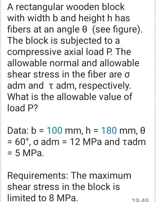 Solved A rectangular wooden block with width b and height h | Chegg.com