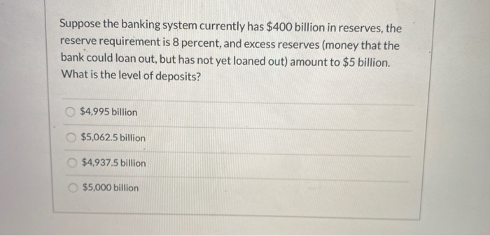 Solved Suppose The Banking System Currently Has 400 Billion Chegg solved-suppose-the-banking-system-currently-has-400-billion-chegg
