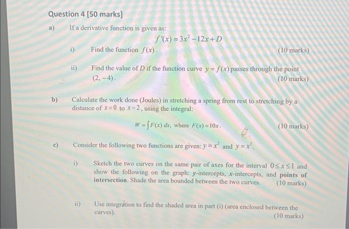 Solved F′ X 3x2−12x D I Find The Function F X 10 Marks