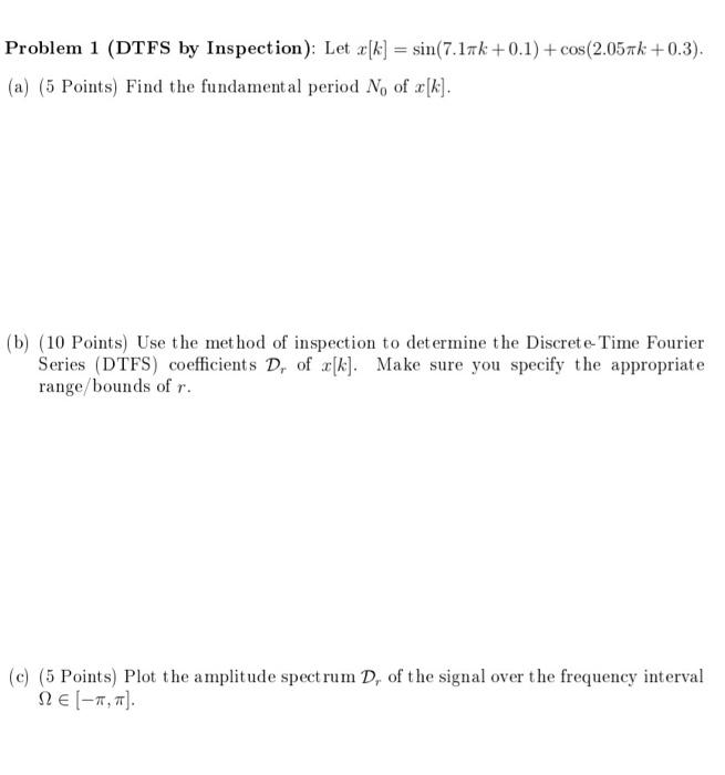 Solved Problem 1 (DTFS by Inspection): Let «[k] = sin(7.17k | Chegg.com