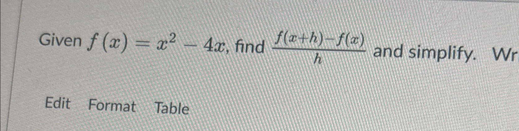 Solved Given f(x)=x2-4x, ﻿find f(x+h)-f(x)h ﻿and simplify. | Chegg.com