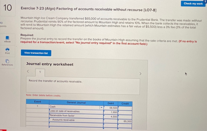 Solved Return to question 10 Exercise 7-23 (Algo) Factoring | Chegg.com
