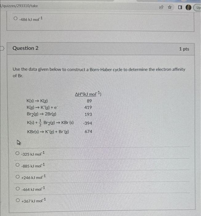 Solved −486 kJ mol−1 Question 2 1 pts Use the data given | Chegg.com