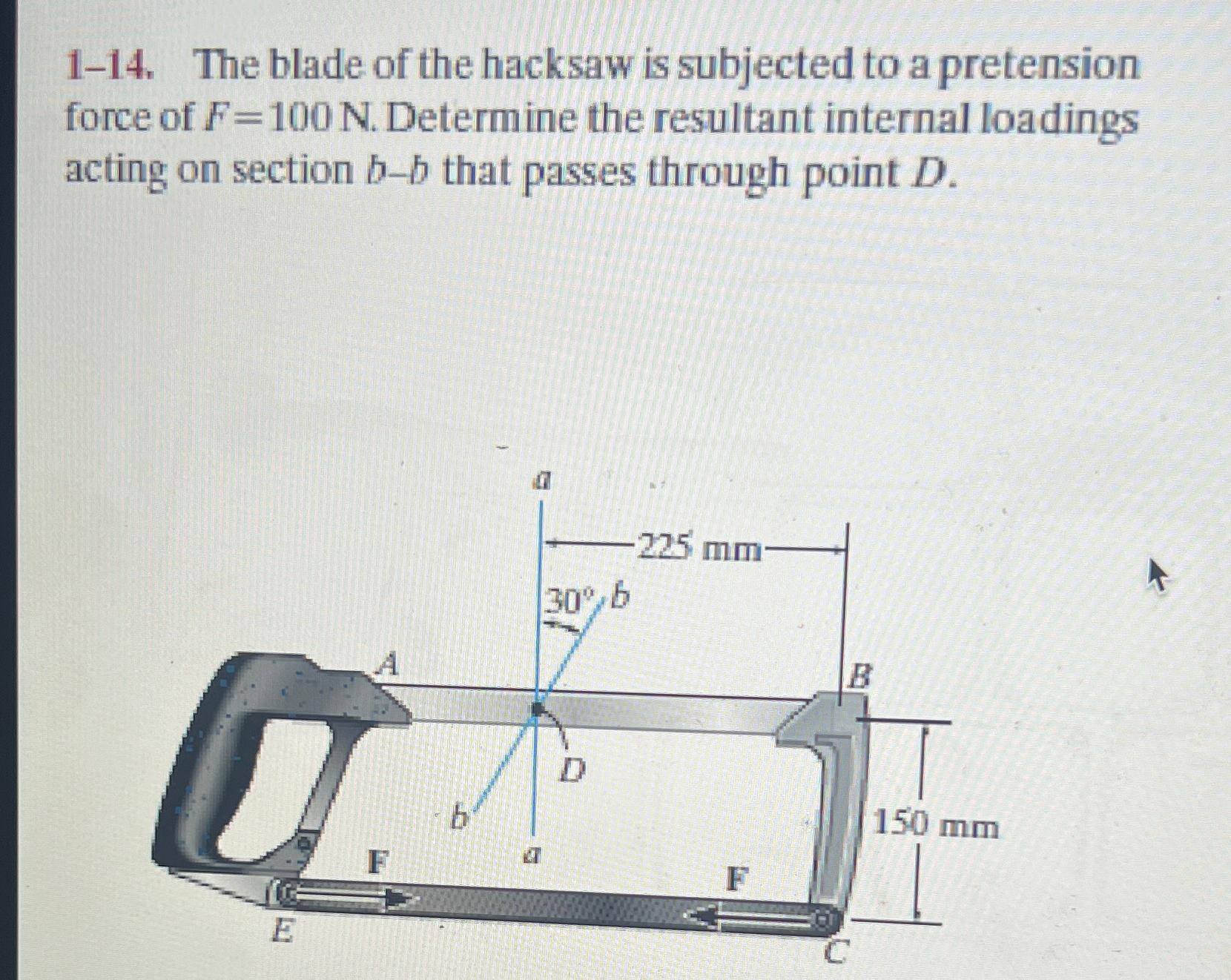 Solved 1-14. ﻿The blade of the hacksaw is subjected to a | Chegg.com