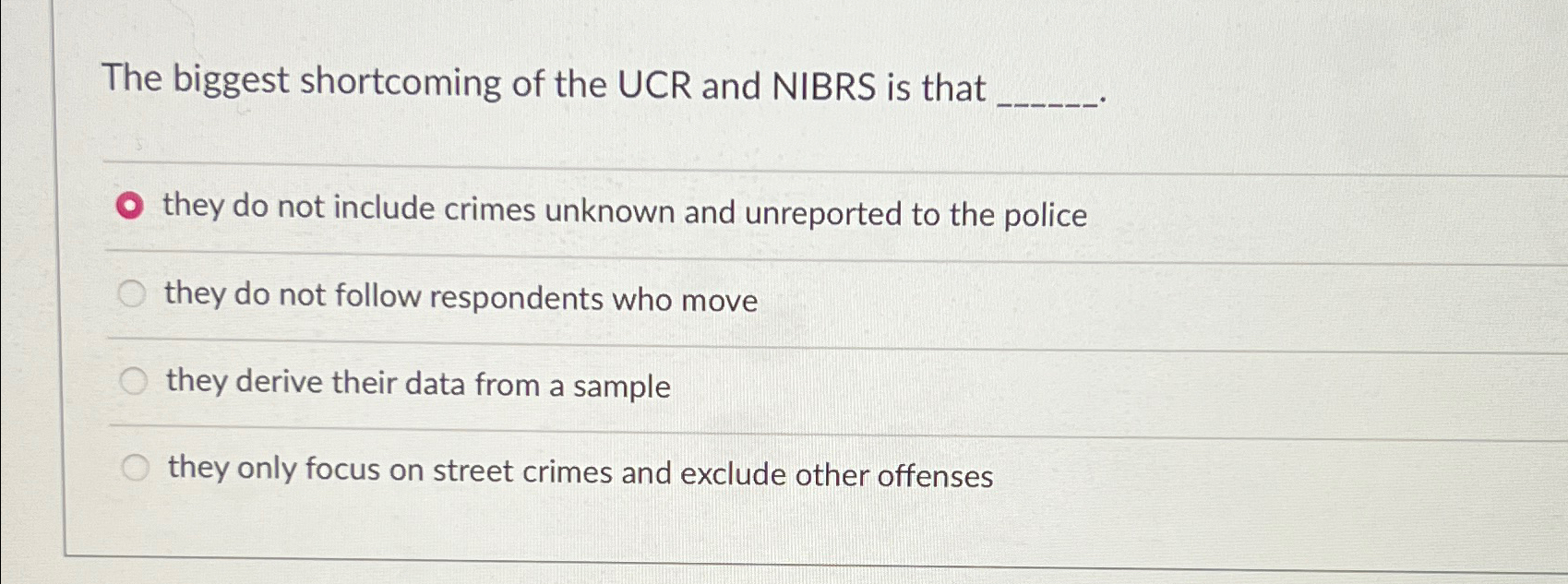 Solved The biggest shortcoming of the UCR and NIBRS is | Chegg.com