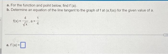 Solved a. For the function and point below, find f′(a). b. | Chegg.com