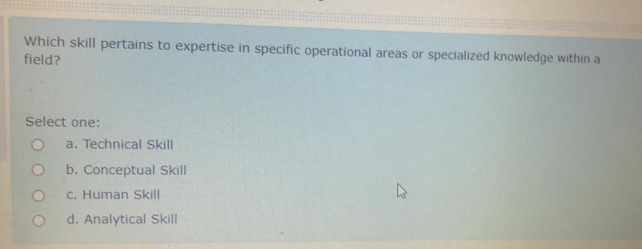 Solved Which skill pertains to expertise in specific | Chegg.com