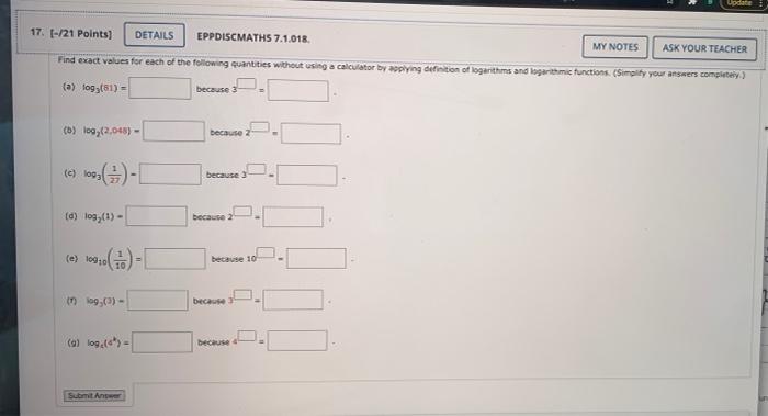 Solved Update 17. [-/21 Points) DETAILS EPPDISCMATHS 7.1.018 | Chegg.com