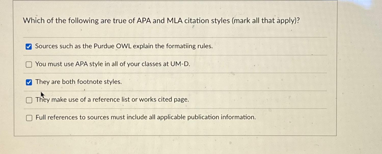 Solved Which of the following are true of APA and MLA | Chegg.com