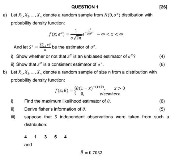 Solved Let X1,X2,…,Xn denote a random sample from N(0,σ2) | Chegg.com