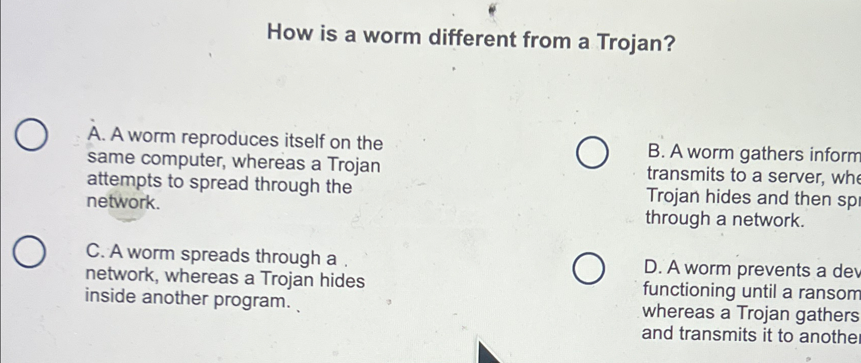 Solved How is a worm different from a Trojan?A. ﻿A worm | Chegg.com