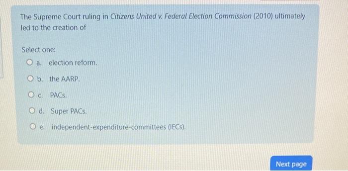 The Supreme Court ruling in Citizens United v. | Chegg.com