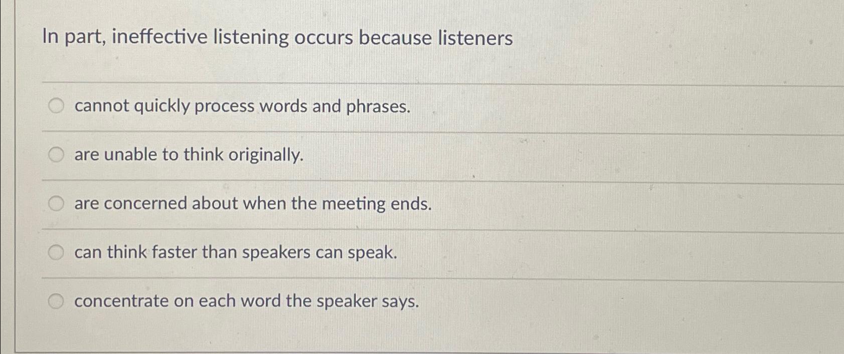 Solved In part, ineffective listening occurs because | Chegg.com