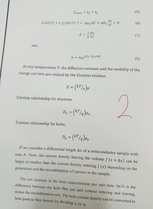 Solved Diffusion, Recombination and the equation of | Chegg.com