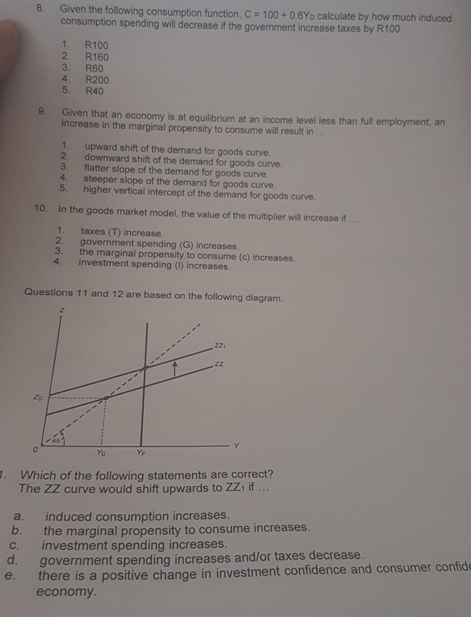 Solved 8 Given the following consumption function, C = 100+ | Chegg.com