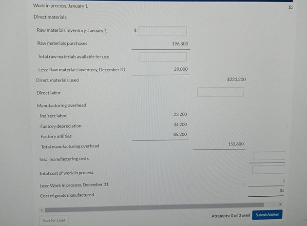 Solved Work in process, January 1Direct materialsRaw | Chegg.com