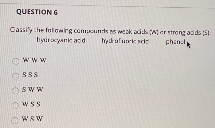 Solved QUESTION 6 Classify the following compounds as weak | Chegg.com