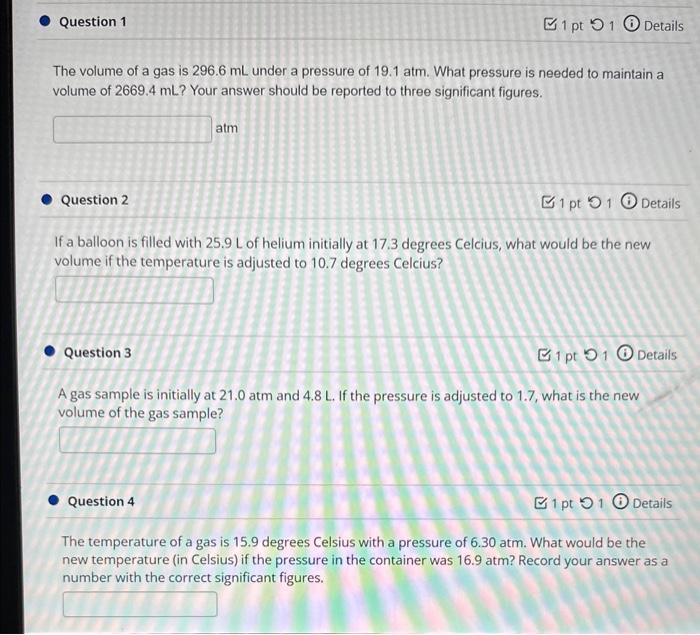 Solved The volume of a gas is 296.6 mL under a pressure of | Chegg.com