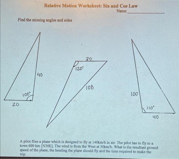 Solved Relative Motion Worksheet: Sin and Cos Law Name Find | Chegg.com