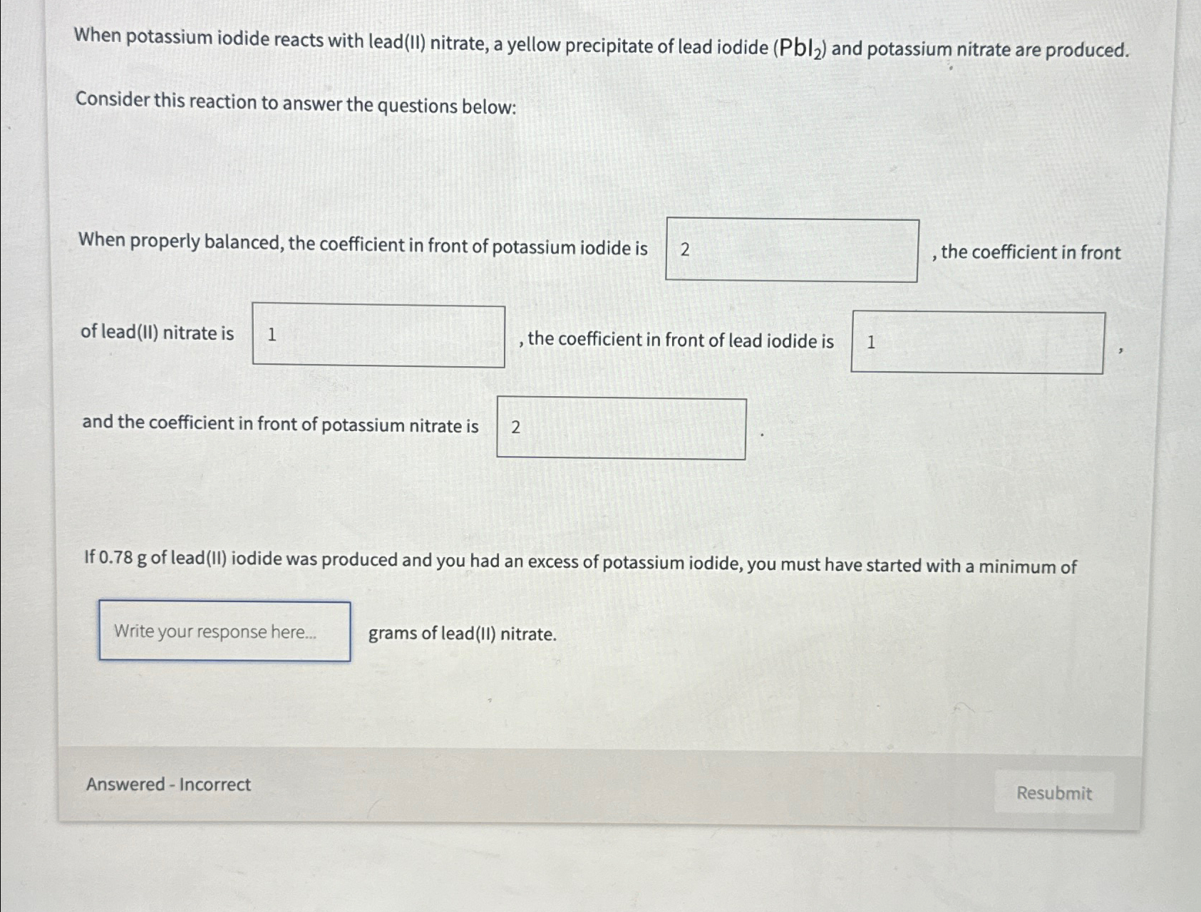 Solved When potassium iodide reacts with lead(II) ﻿nitrate, | Chegg.com