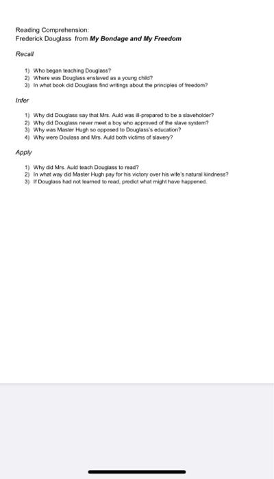 Reading Comprehension Frederick Douglass from My | Chegg.com