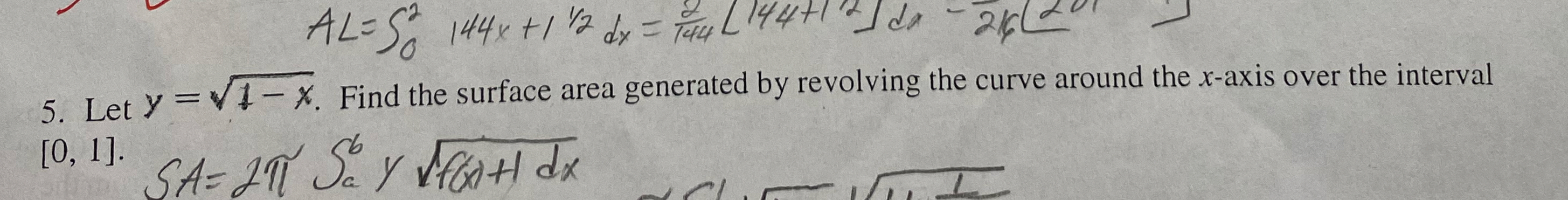 Let y=1-x2. ﻿Find the surface area generated by | Chegg.com