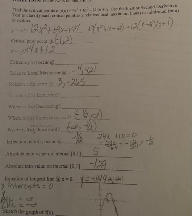 Solved Find the critical points of f(x)=4x3+6x2−144x+5. Use | Chegg.com