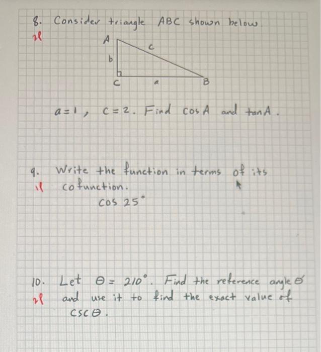 Solved 8. Consider triangle ABC shown below. 28 9. it 10. 28 | Chegg.com