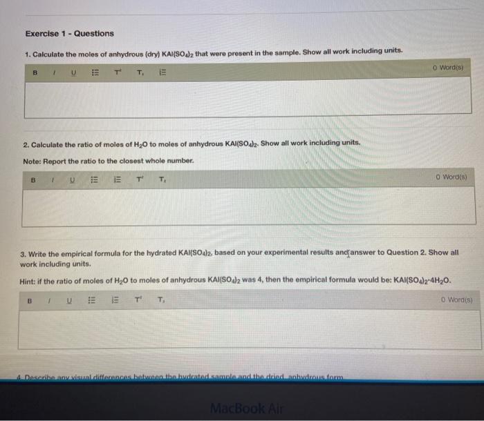 Exercise 1 - Questions 1. Calculate the moles of | Chegg.com
