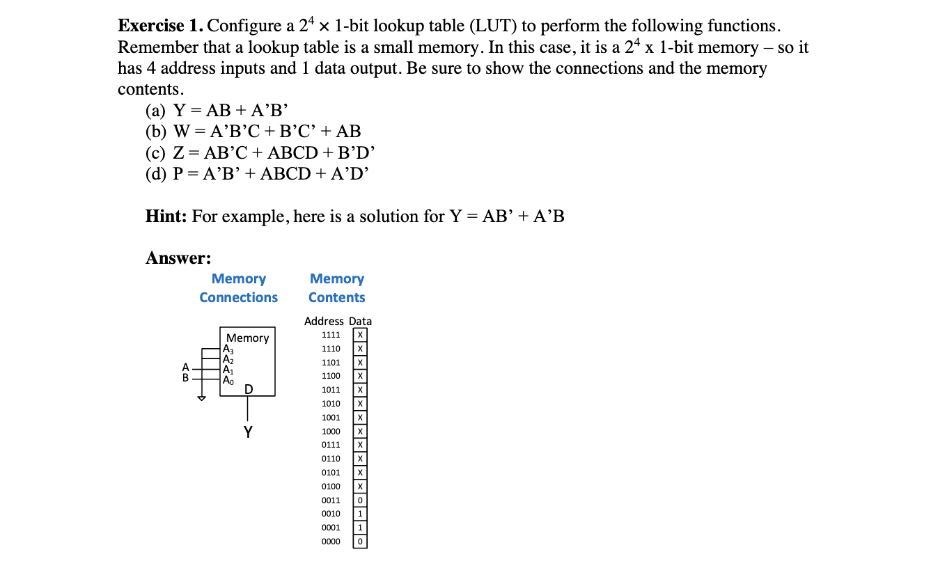Solved Exercise 1. ﻿Configure a 24×1-bit lookup table | Chegg.com