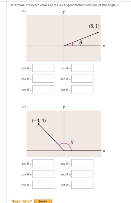 Solved Determine the exact values of the six trigonometric | Chegg.com