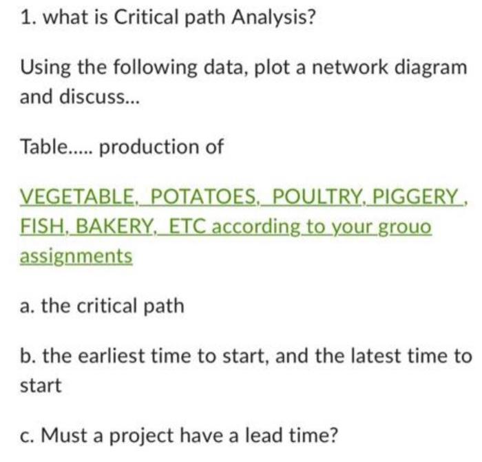 Solved 1. what is Critical path Analysis? Using the | Chegg.com
