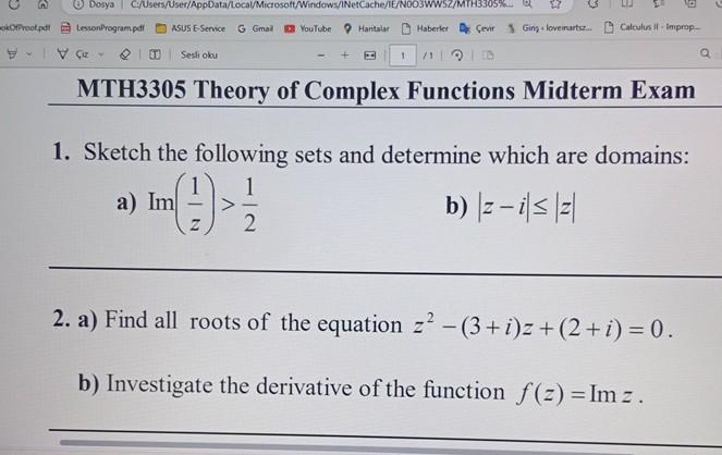 Solved MTH3305 ﻿Theory of Complex Functions Midterm | Chegg.com