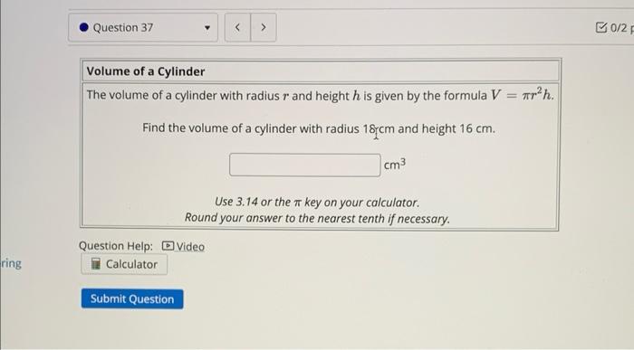 Solved The volume of a cylinder with radius r and height h | Chegg.com