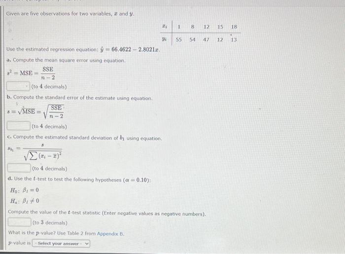 Solved Given are five observations for two variables, x and | Chegg.com