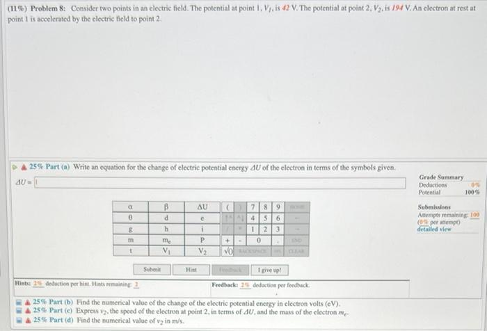 Solved (11\%) Problem 8: Consider two points in an electric | Chegg.com Solved (11\%) Problem 8: Consider two points in an electric | Chegg.com