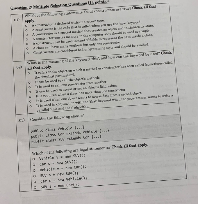 Solved Question 2: Multiple Selection Questions (14 points): | Chegg.com