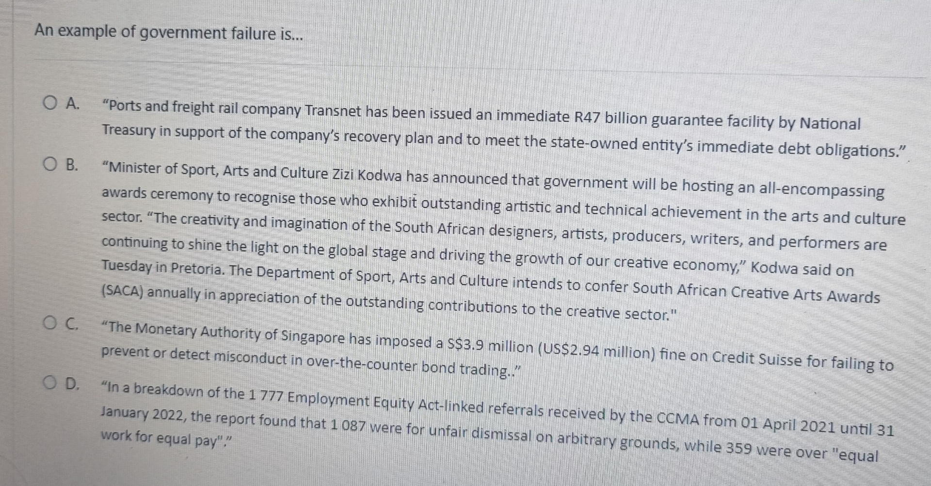 Solved An example of government failure is...A. ﻿"Ports and | Chegg.com