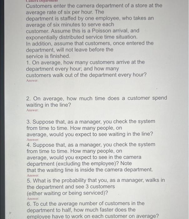 Solved Customers enter the camera department of a store at | Chegg.com