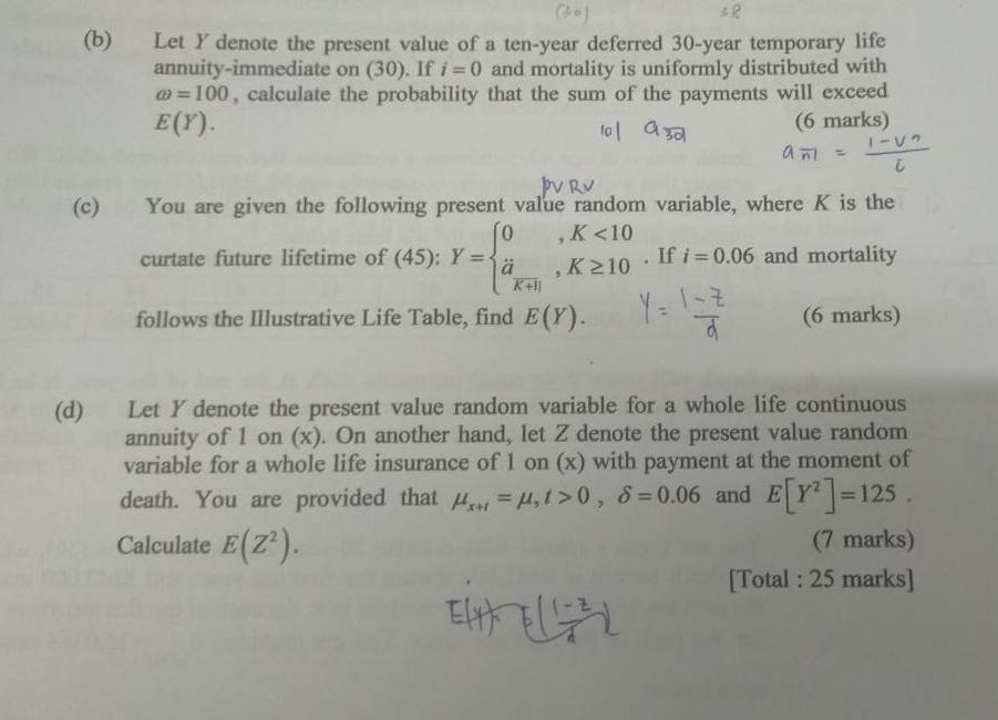 (b) I-V 2 Let Y denote the present value of a | Chegg.com